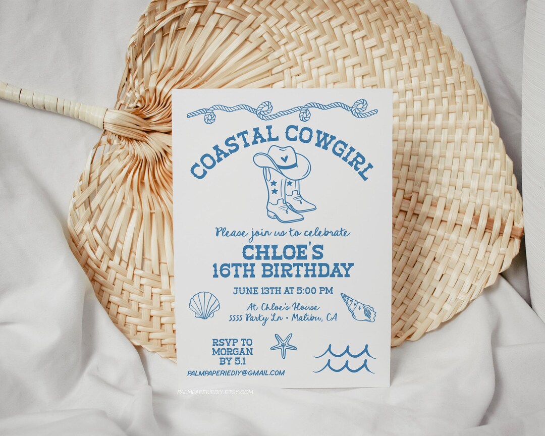 Coastal Cowgirl Birthday Invitation, Template, Western Invites, ANY Age ...