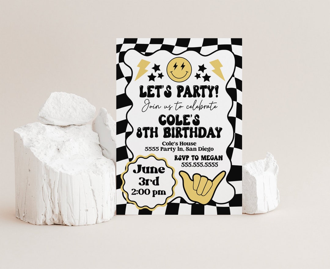 Boy Birthday Invitations, Checkered Smile Invites, Digital Download ...