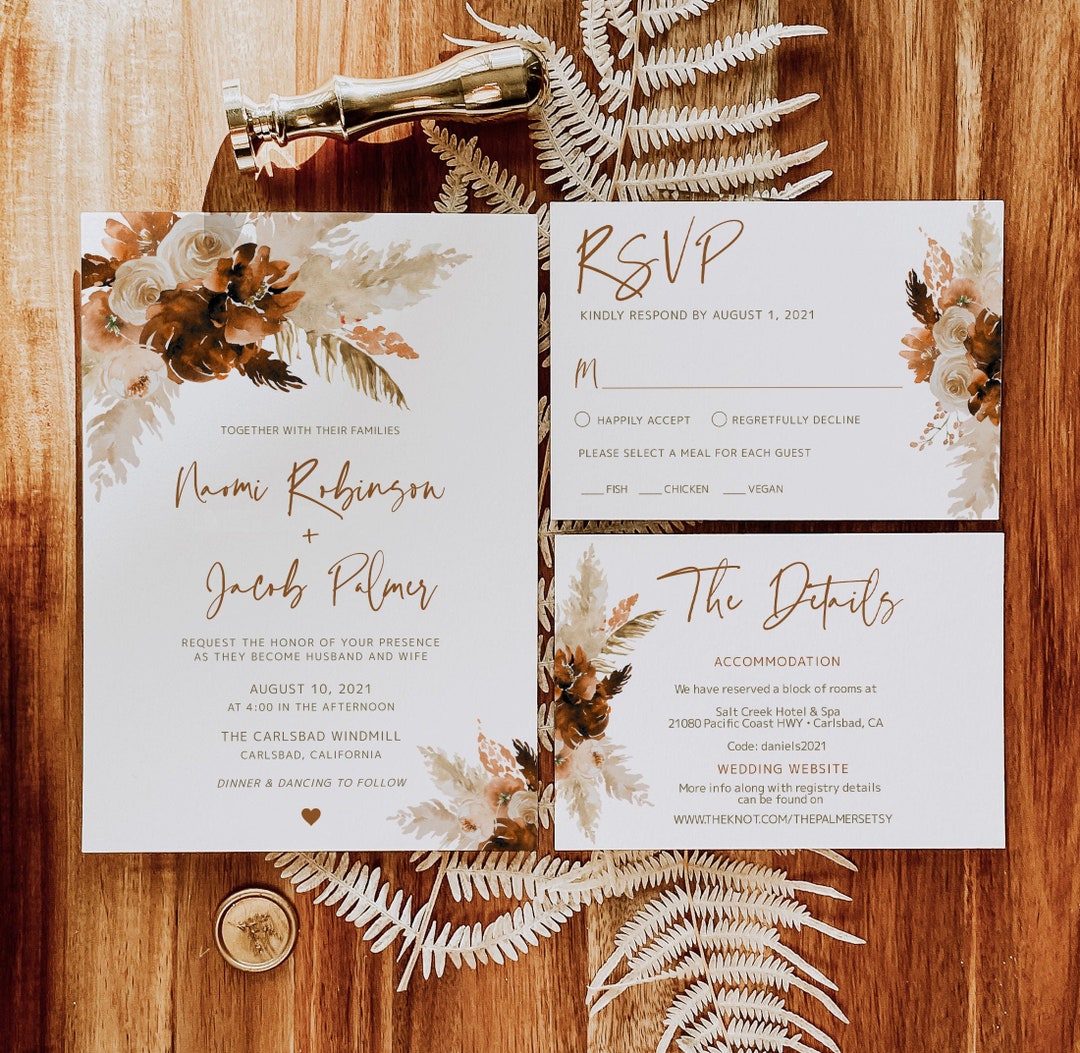 Rust Wedding Invitations, Pampas Grass, Editable Templates, Bohemian ...