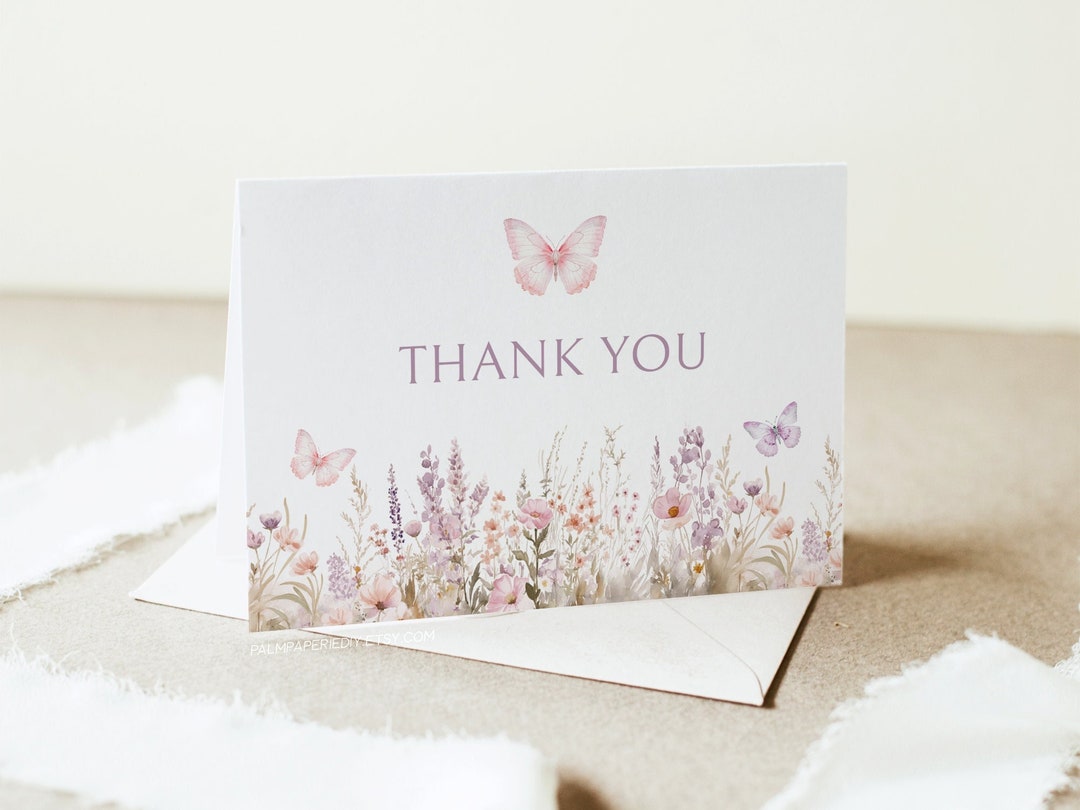Butterfly Thank You Card Template, Floral Printable (templett) - Etsy