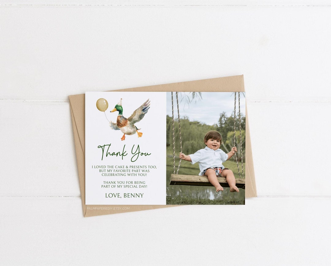 Duck Birthday Thank You Card Template With Photo, One Lucky Duck ...