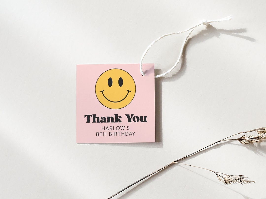 Smile Face Favor Tag, Girl Birthday Thank You Tags, Pink, Checkered ...