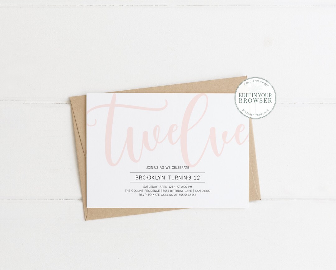 12th Birthday Invitations for Girl, Instant Download Template, Twelve ...