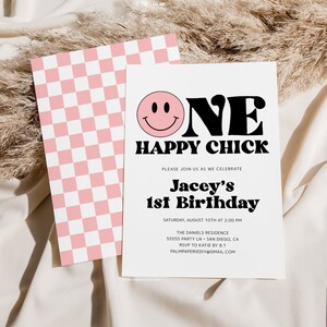 1st Birthday Invitation Girl, One Happy Chick, Smile Face, Editable ...