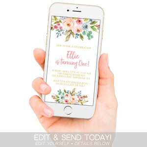 Electronic Birthday Invitation, Template, 1st, Floral, Text Message ...