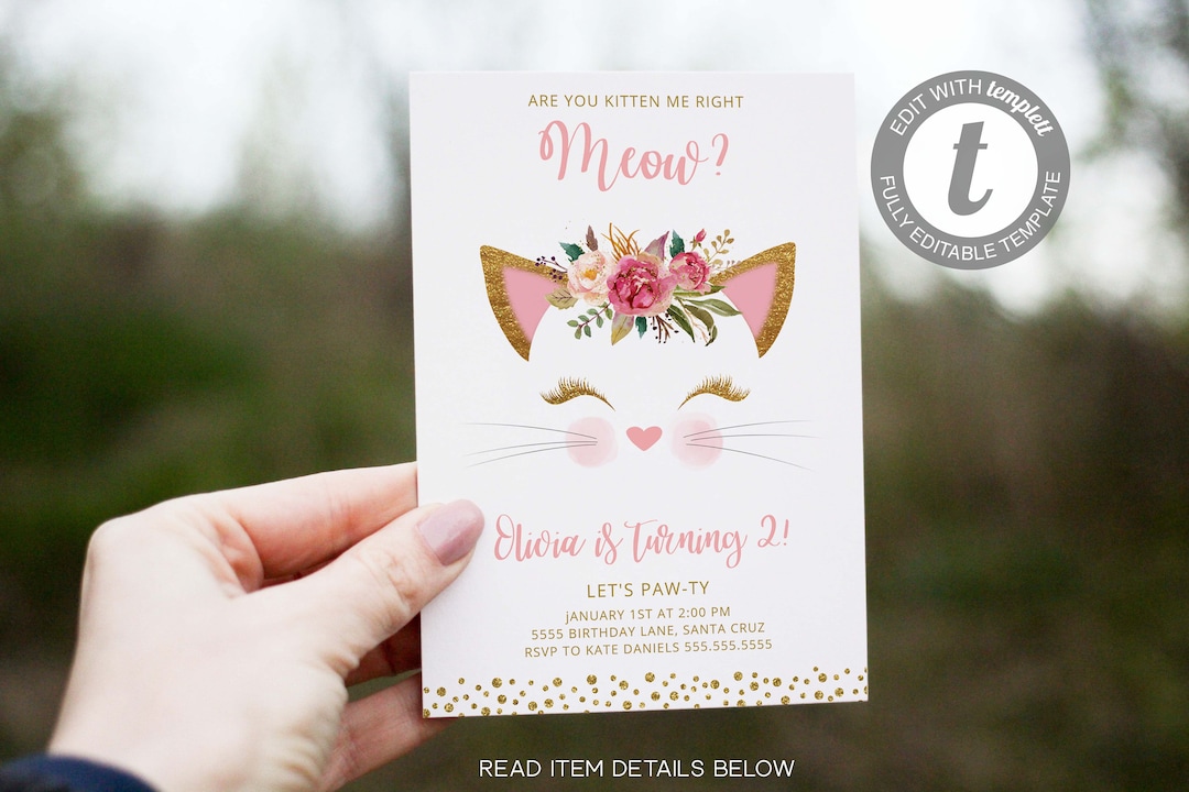 Kitten Birthday Invitation, Invites, Digital, Cat, Pink Gold, Glitter ...