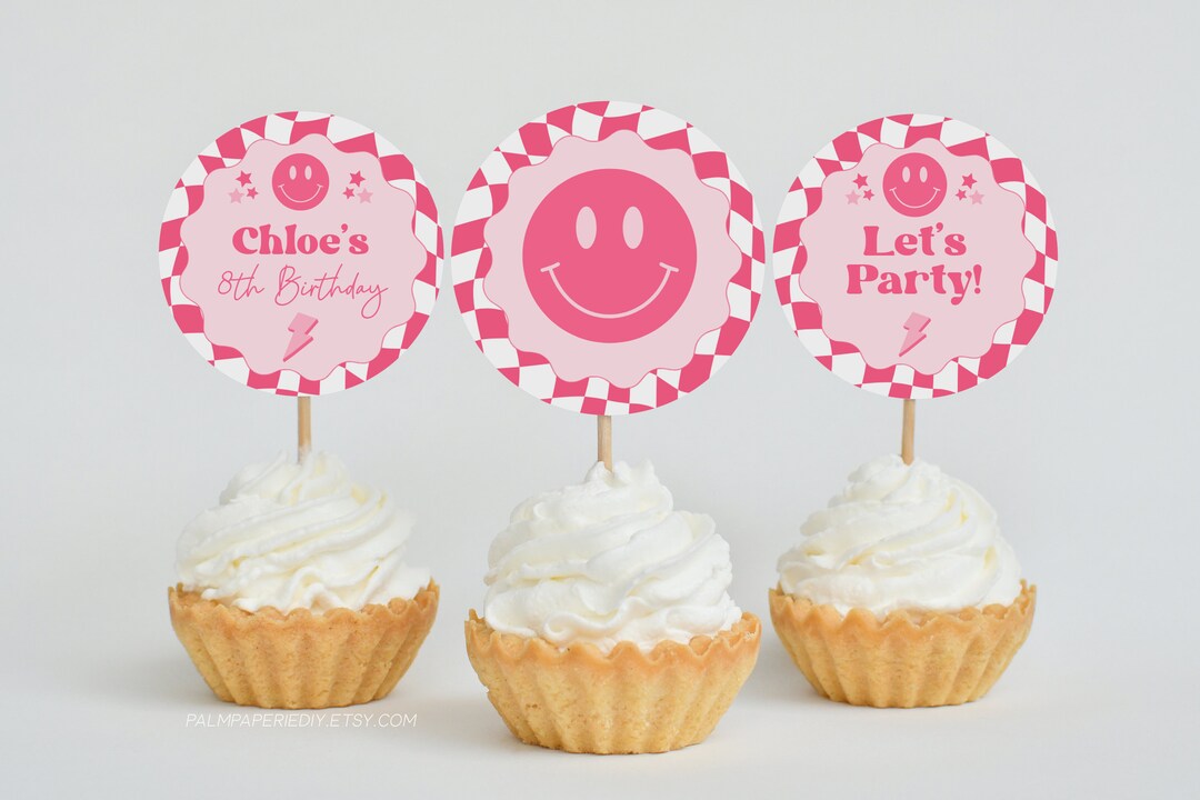 Pink Preppy Birthday Cupcake Toppers, Smile Bday for Girl, Digital ...