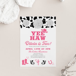 Disco Cowgirl Birthday Invitation, Editable Template, Space Cow Print ...