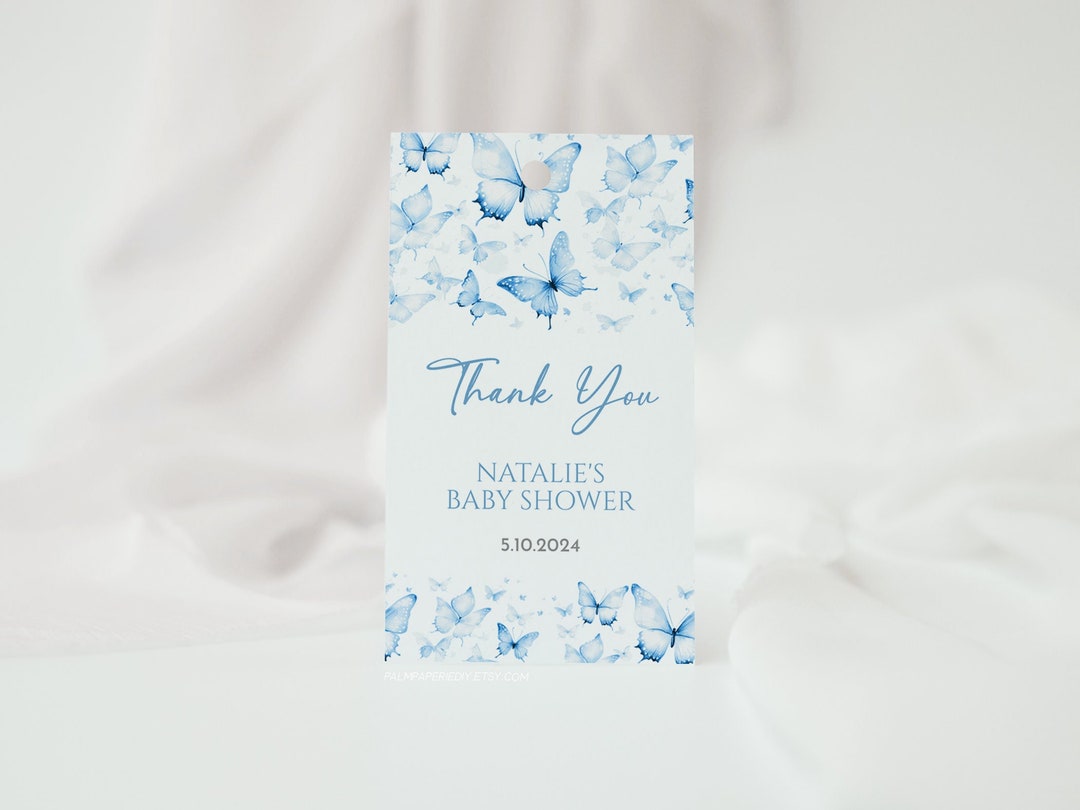 Blue Butterfly Favor Tag Template, Boy Baby Shower, Enchanted, Thank ...