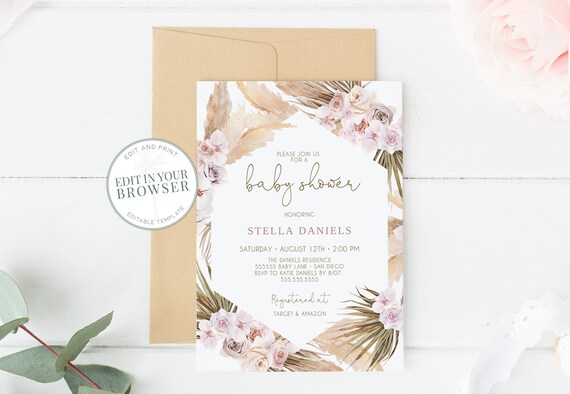Baby Shower Invitation girl Boho Instant Download Pampas | Etsy