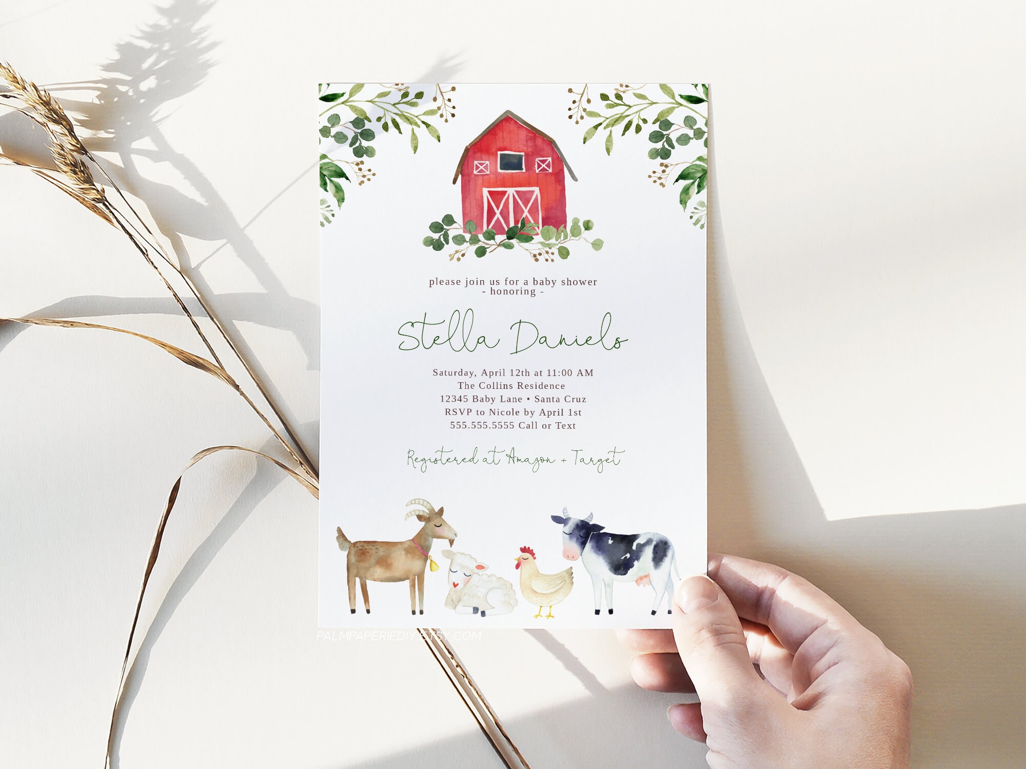 Paper & Party Supplies Editable Gender Neutral Girl Baby Shower Farm ...