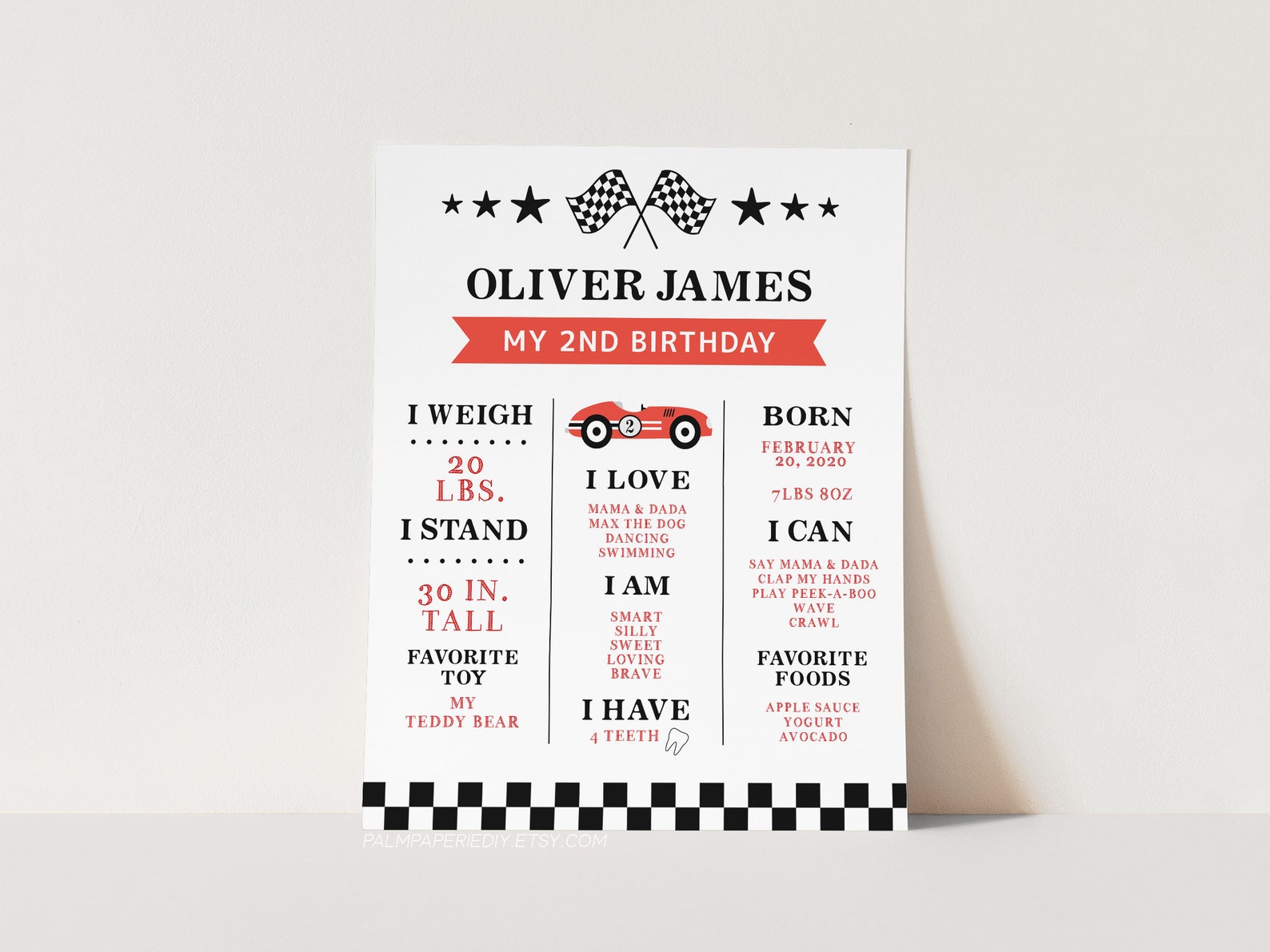 Race Car Birthday Milestone Board: Editable Stats Template (digital ...