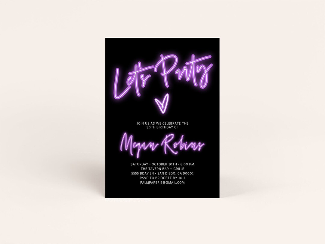 Purple Neon Birthday Invitation, Digital Download, Neon Light Invites ...