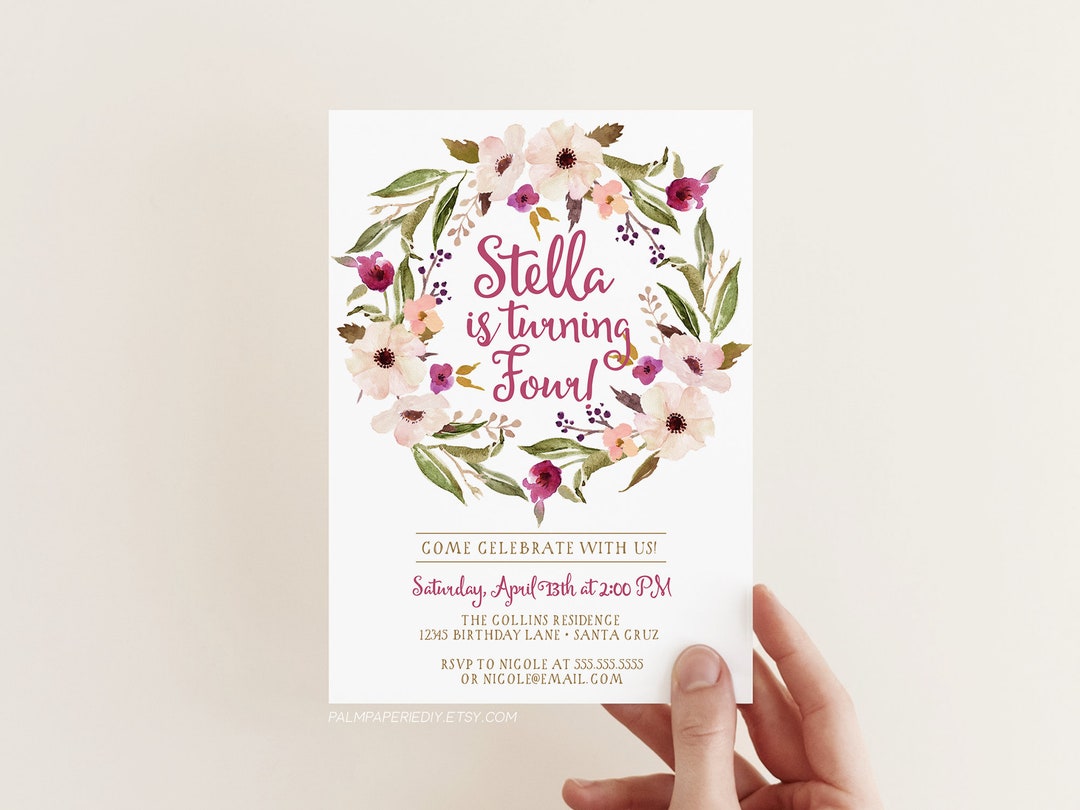 Birthday Invitation for Girls, Floral, Spring Invite, Editable Template ...