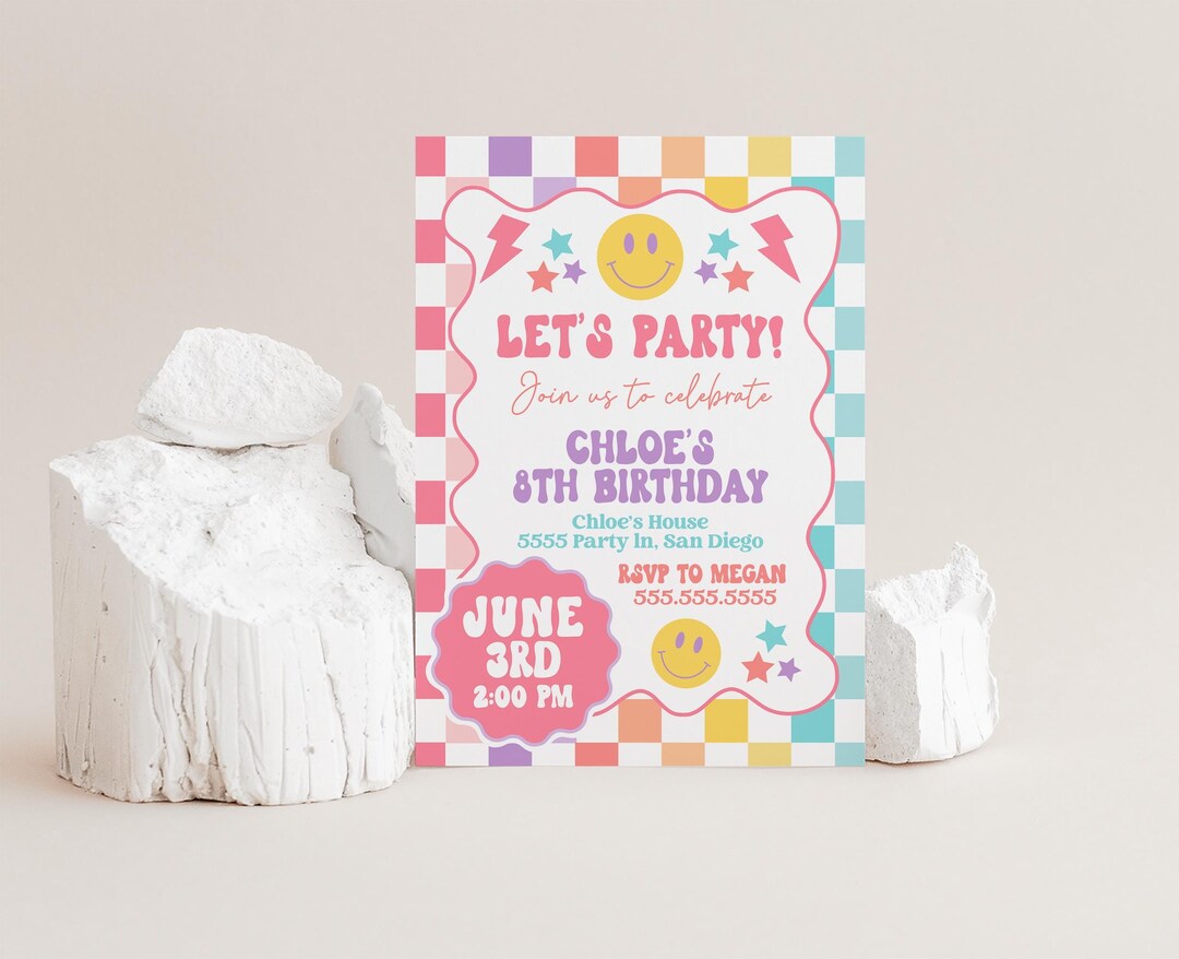 Birthday Party Invitation Girl, Preppy Checkered Smile Invite, Digital ...