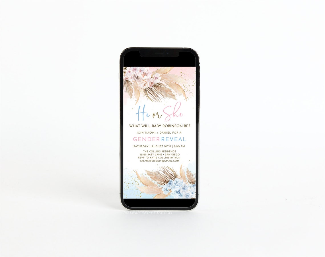 Boho Gender Reveal Invitation, Electronic Text Message Invite, Boho Boy ...