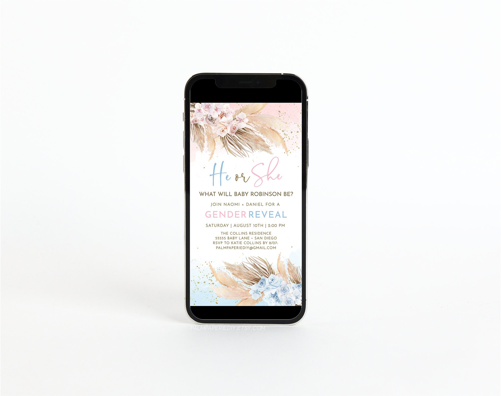 Boho Gender Reveal Invitation, Electronic Text Message Invite, Boho Boy ...