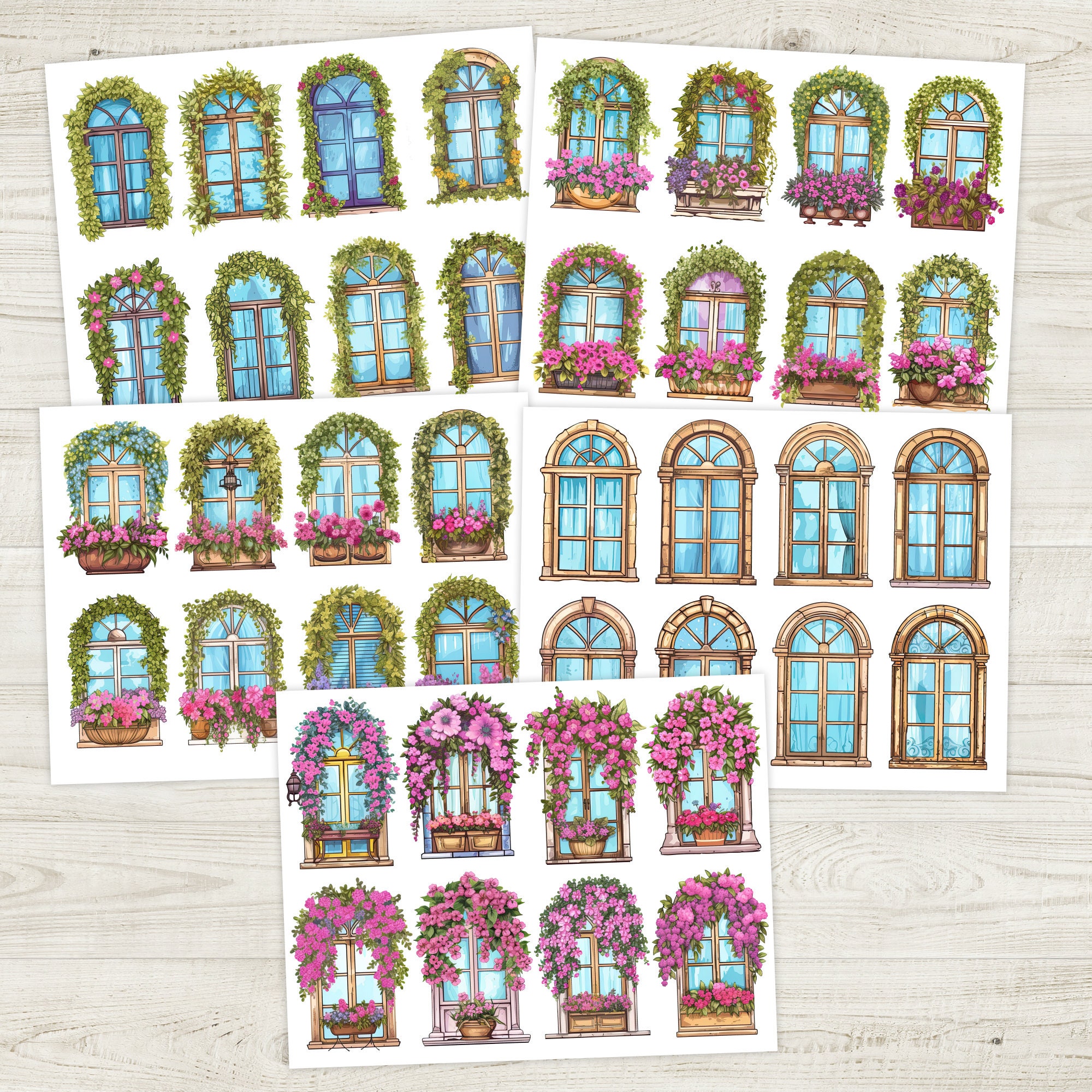 Windows Fussy Cut Sheets, Floral Windows Illustration, Digital ...
