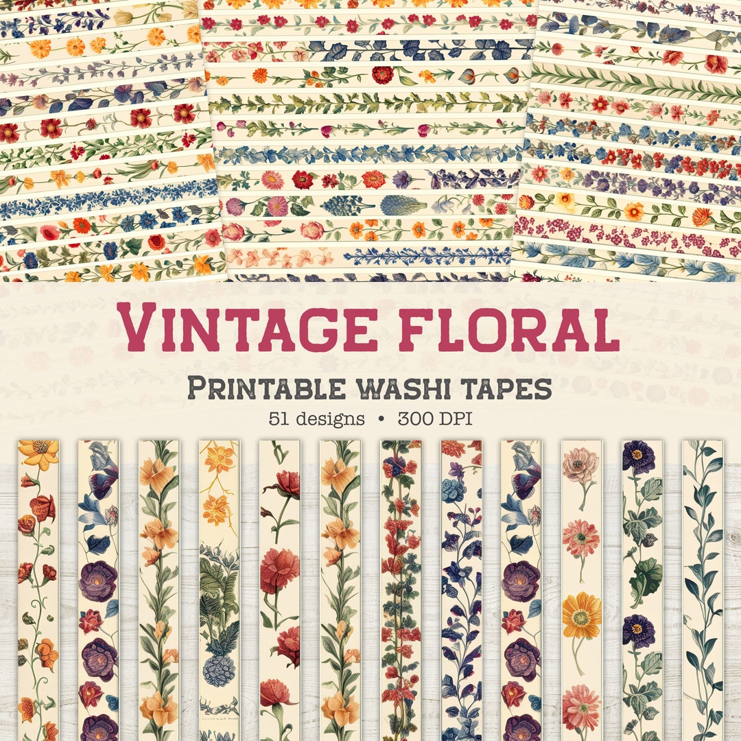 Printable Floral Washi Tape - 51 Designs, Junk Journal Printables, Faux ...