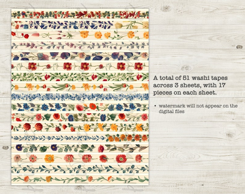 Printable Floral Washi Tape - 51 Designs, Junk Journal Printables, Faux ...