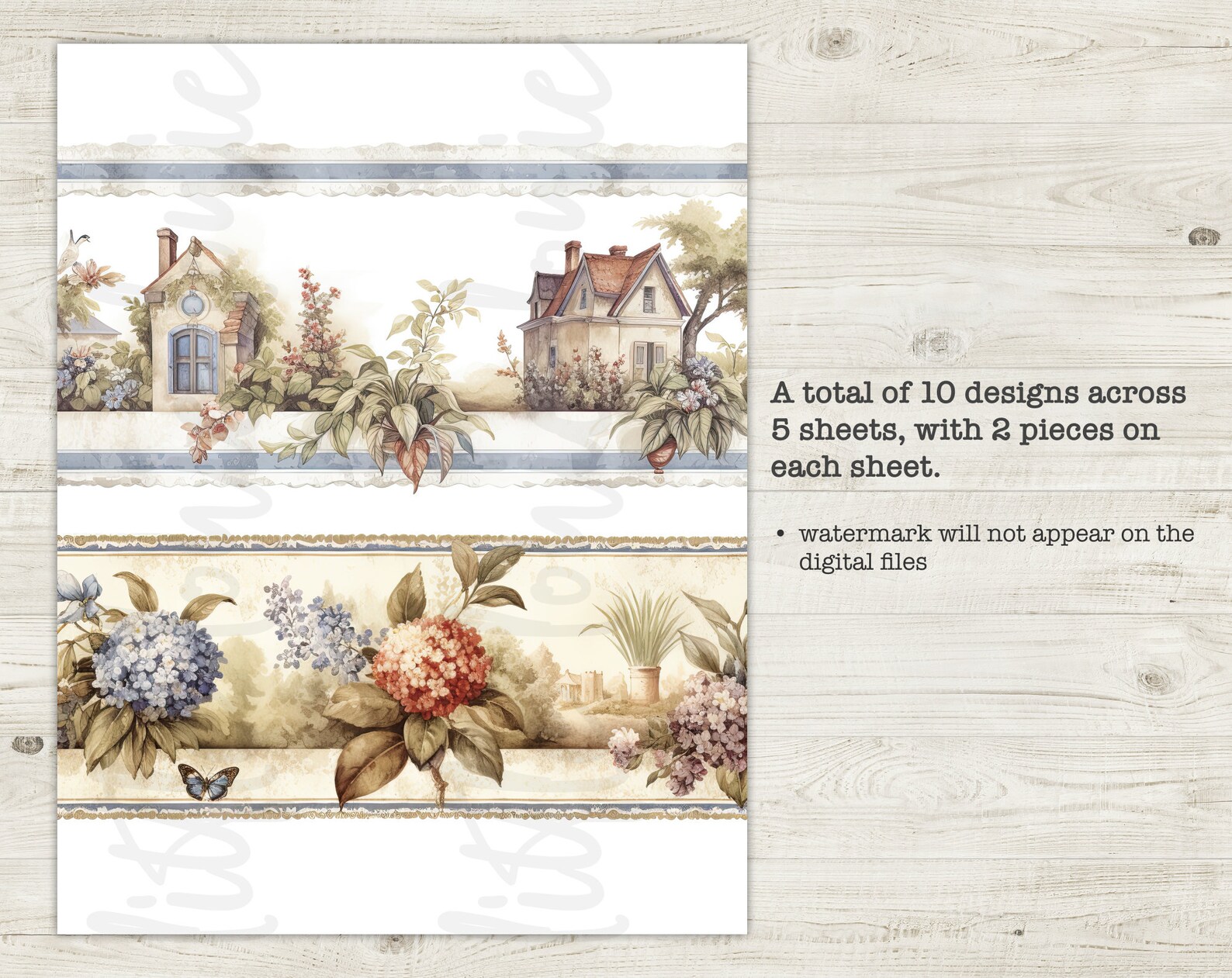 French Cottage Wallpaper Borders - 10 Designs, Junk Journal Printable ...