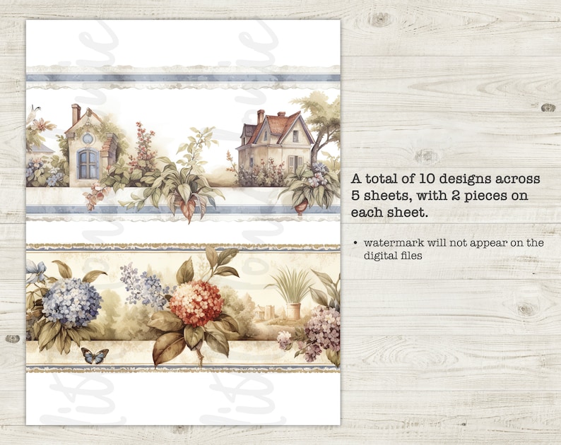 French Cottage Wallpaper Borders - 10 Designs, Junk Journal Printable ...