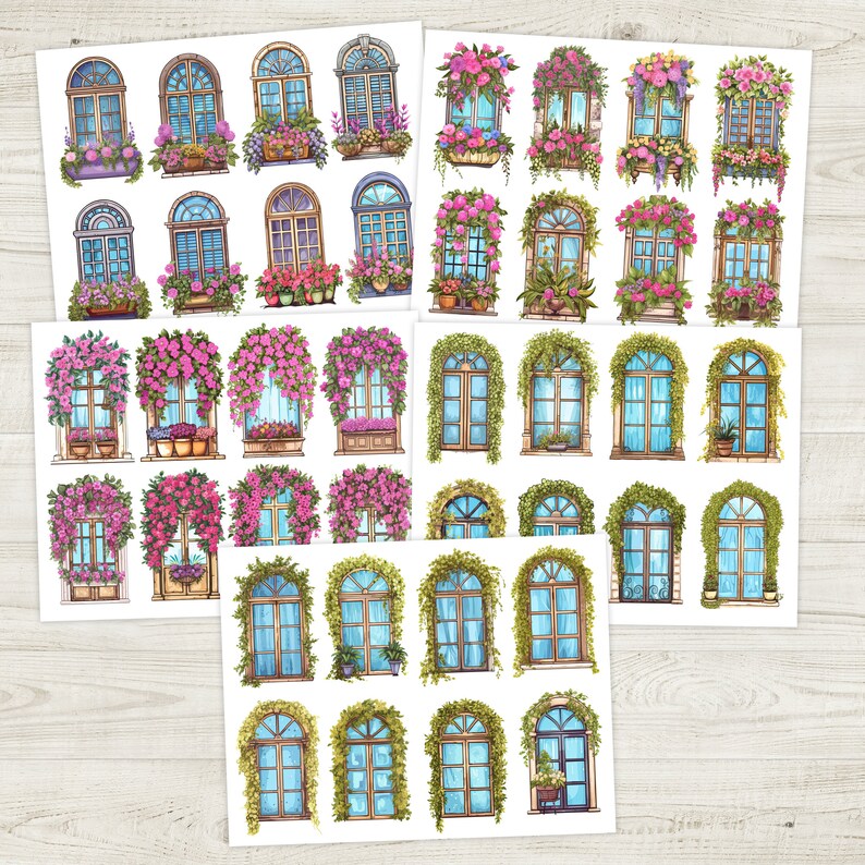 Windows Fussy Cut Sheets, Floral Windows Illustration, Digital ...