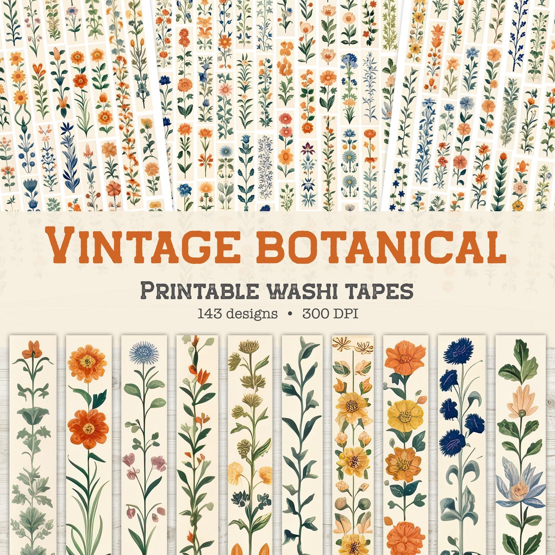 Printable Botanical Washi Tape - 143 Designs, Junk Journal Printables ...