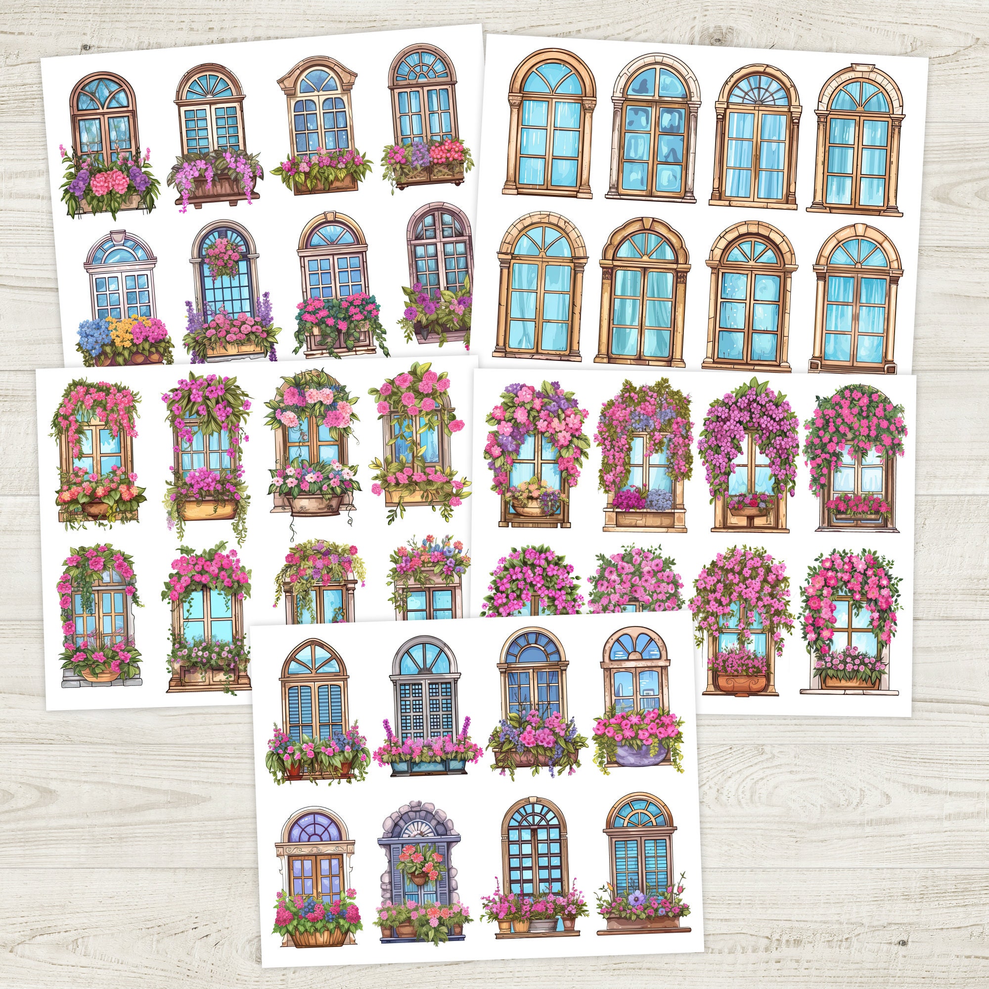 Windows Fussy Cut Sheets, Floral Windows Illustration, Digital ...