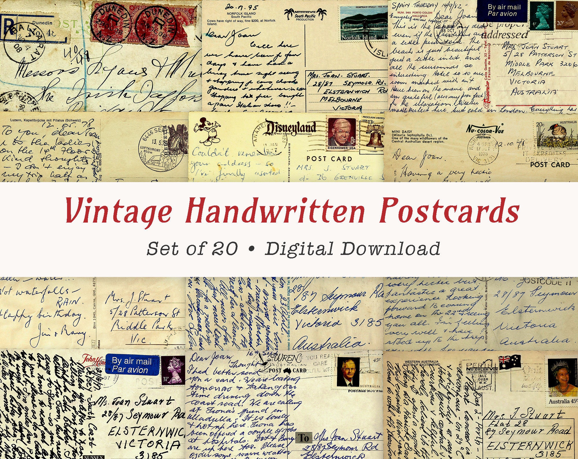 Digital Vintage Handwritten Postcards Set of 20 Collage | Etsy