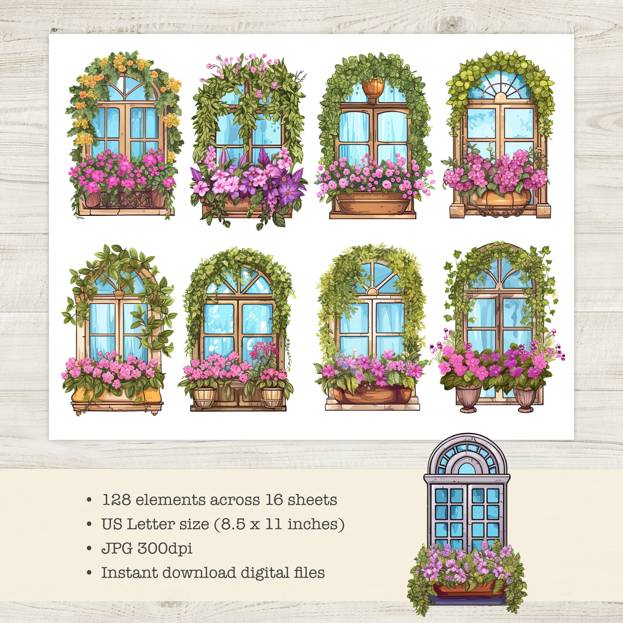 Windows Fussy Cut Sheets, Floral Windows Illustration, Digital ...