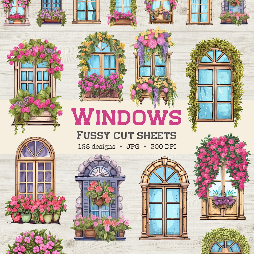 Windows Fussy Cut Sheets, Floral Windows Illustration, Digital ...