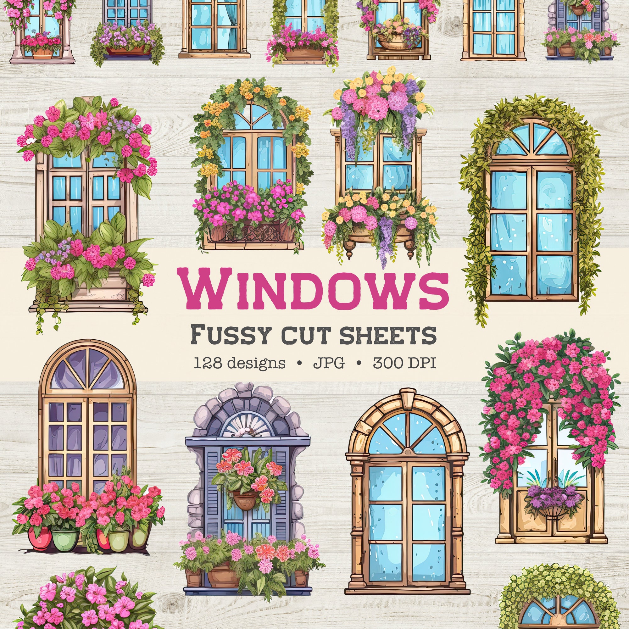 Windows Fussy Cut Sheets, Floral Windows Illustration, Digital ...
