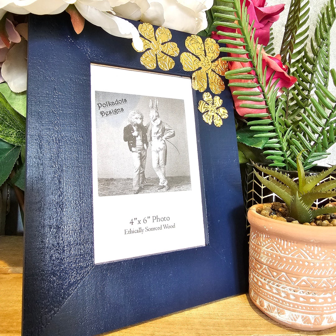 Floral Photo Frame, Navy Blue Wooden 4" X 6" Free Standing Botanical ...