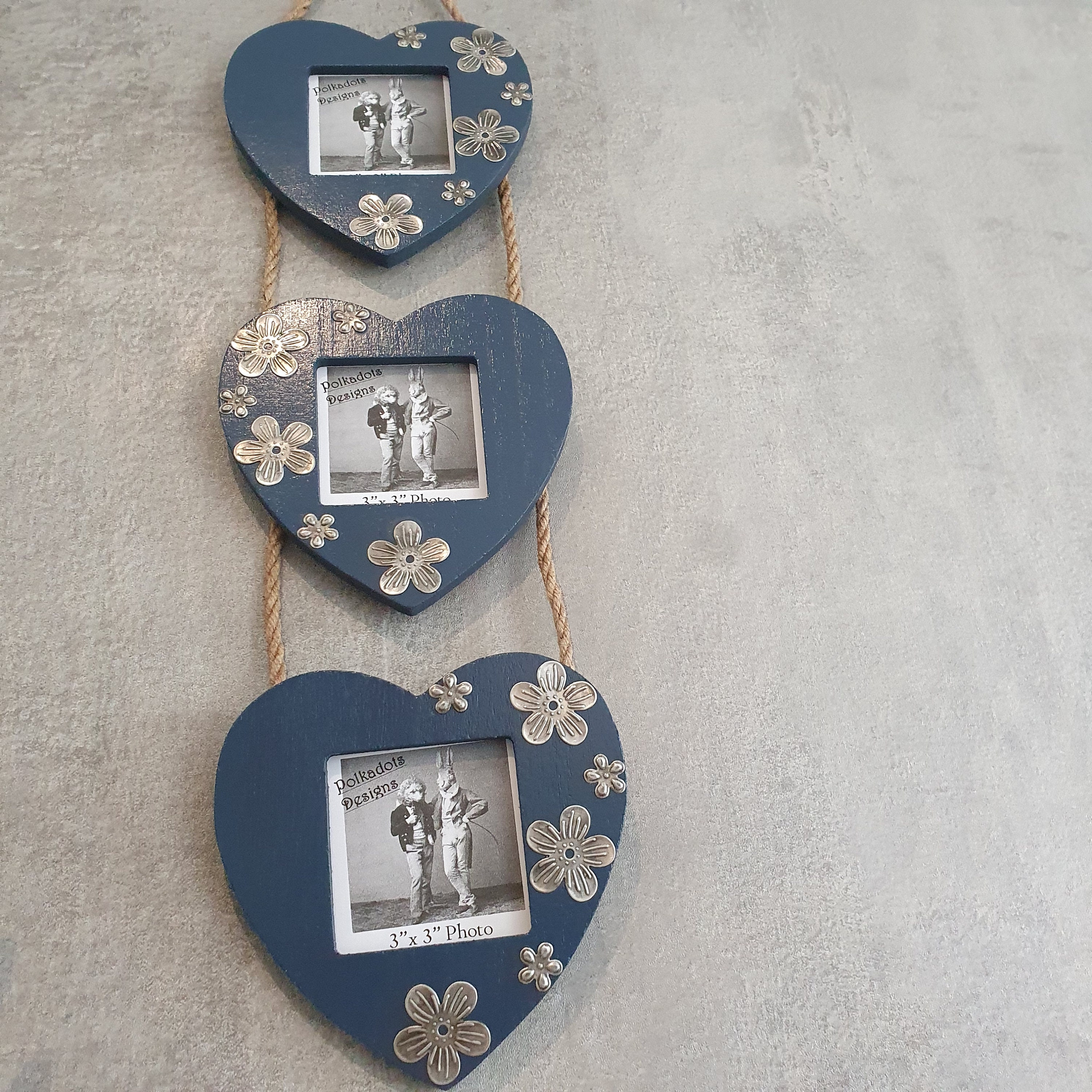 Triple Love Heart Picture Frame Set Blue Rustic Boho Silver | Etsy