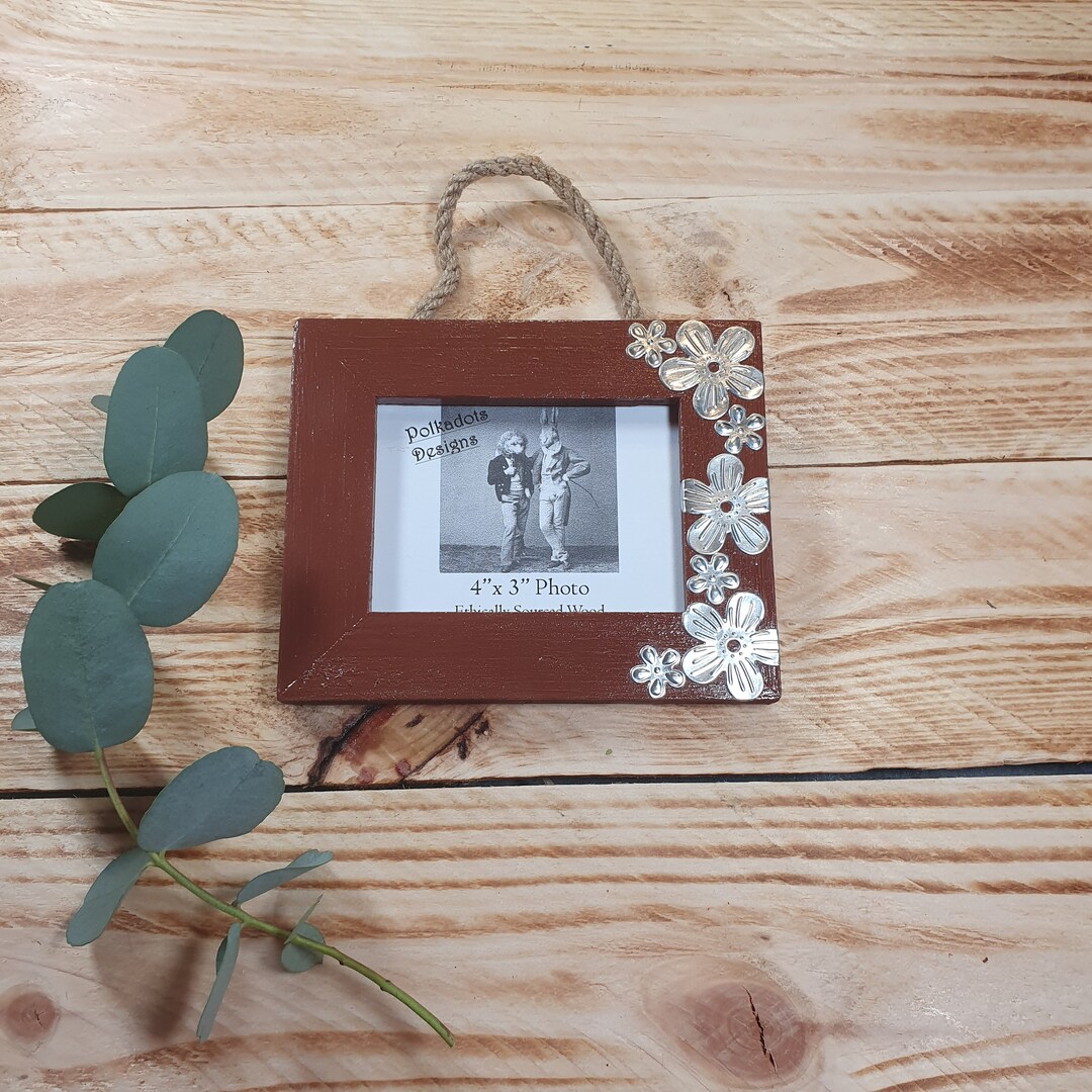 Terracotta Wood Picture Frame: Silver Flower Boho Decor (4x3 Photo ...