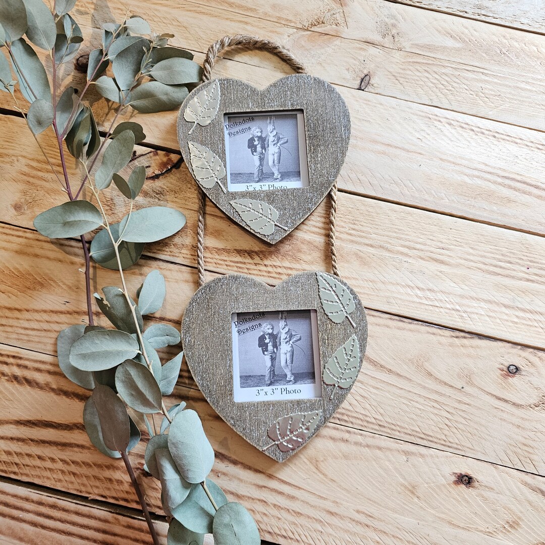 Double Love Heart Picture Frame Set, Natural Rustic Wood Boho Silver ...