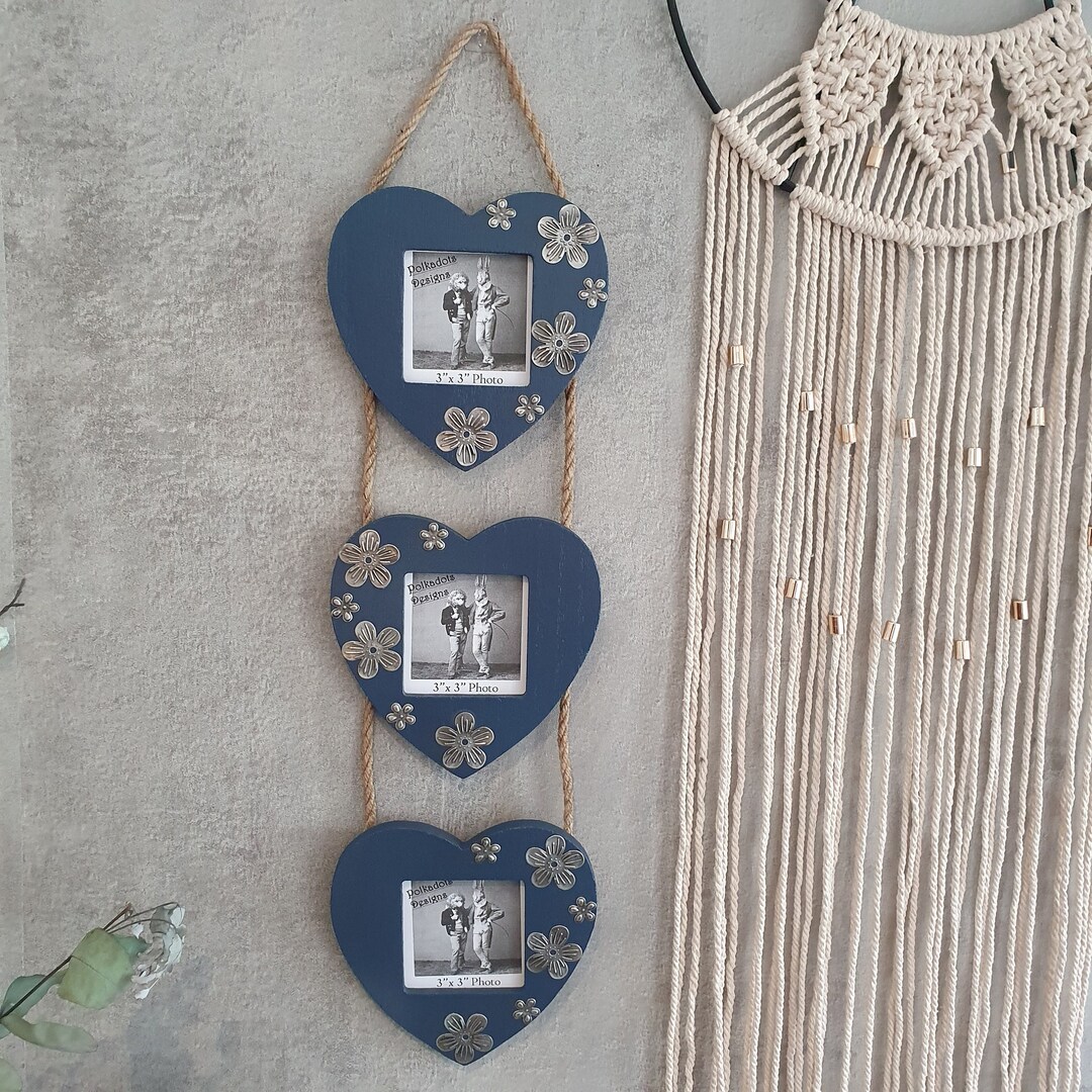 Triple Love Heart Picture Frame Set, Blue Rustic Boho Patina Silver ...