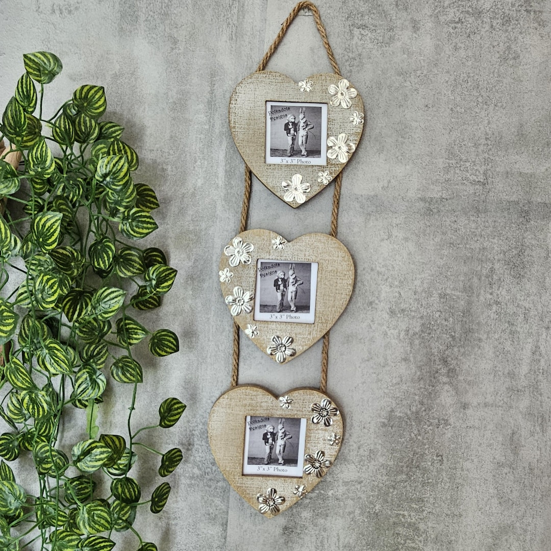 Botanical Triple Heart Silver Pewter Flower Design Frame, Rustic Wooden ...