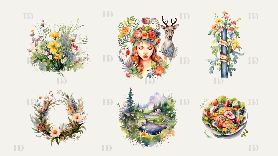 Midsummer Watercolor Clipart Set | Floral Wreaths, Maypole (instant ...