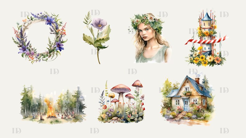 Midsummer Watercolor Clipart Set | Floral Wreaths, Maypole (instant ...