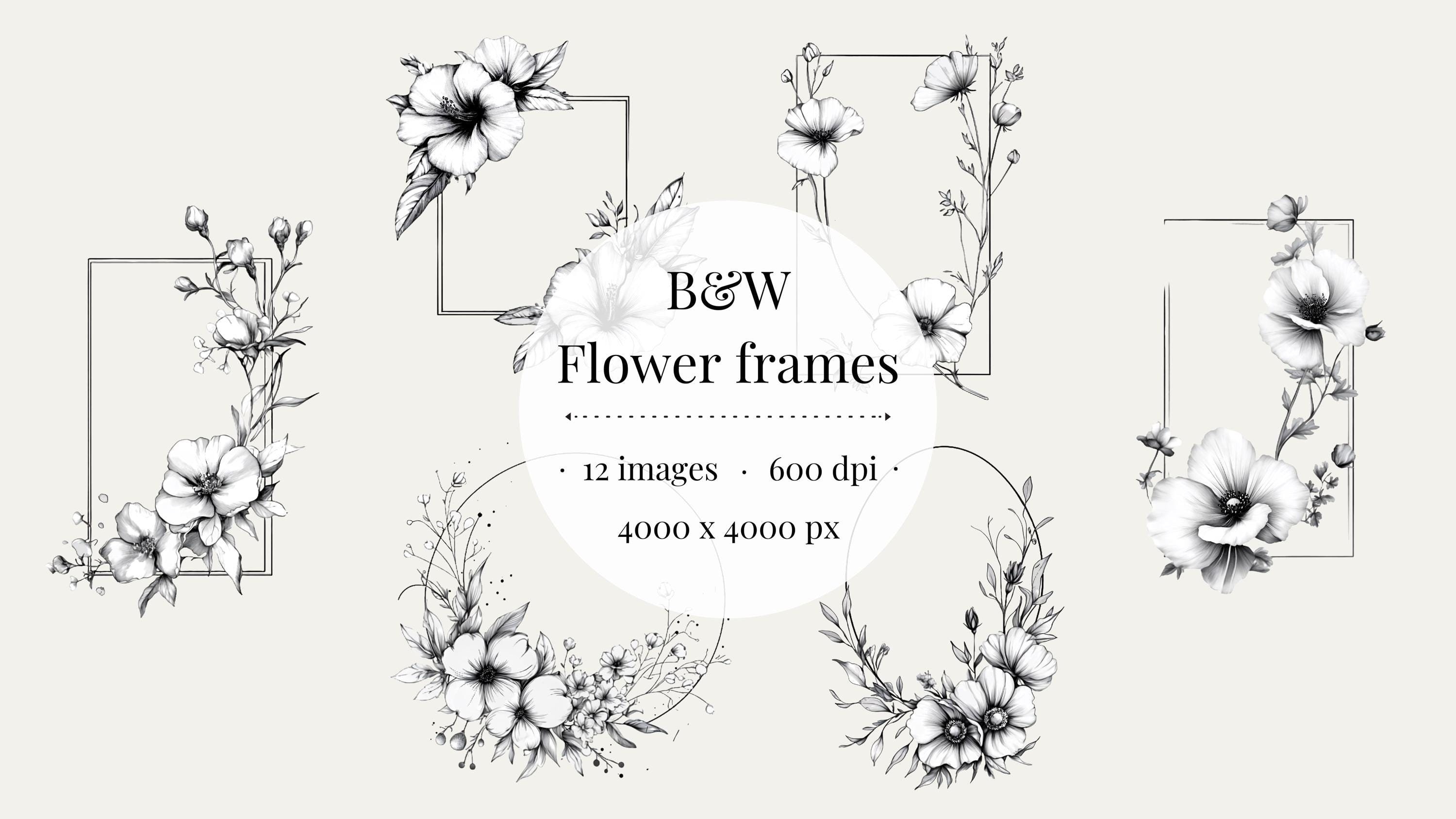 Botanical Black & White Floral Frame Clipart Vintage-inspired Borders ...