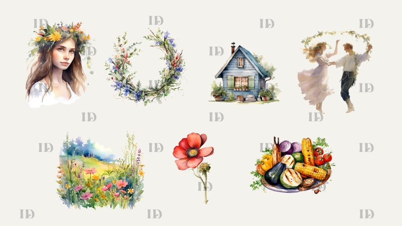 Midsummer Watercolor Clipart Set | Floral Wreaths | Midsommar Maypole ...