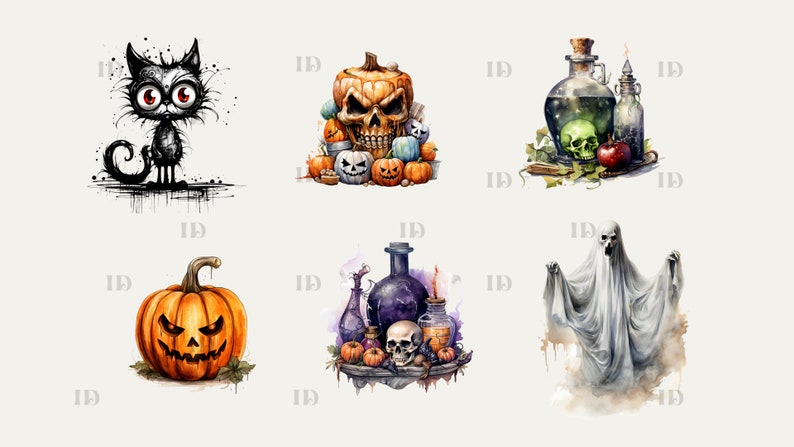 Scary Halloween Clipart Set 16 PNG Images Potions, Creatures, Skeletons ...