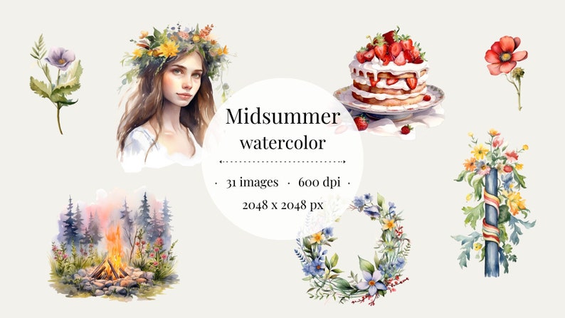 Midsummer Watercolor Clipart Set | Floral Wreaths, Maypole (instant ...