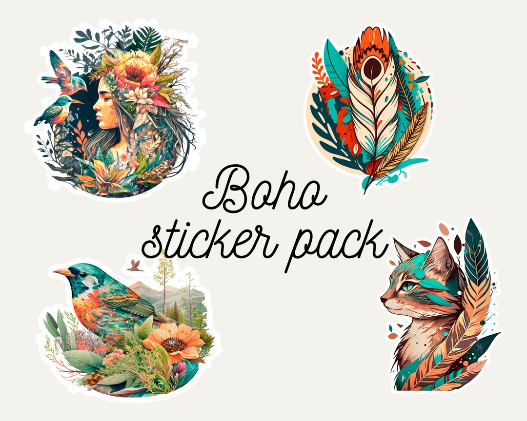 Boho Digital Sticker Pack, Bohemian Clipart, PNG Images, Unique Designs ...