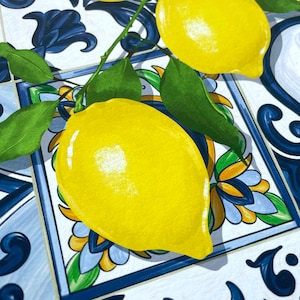 Lemons Poster, Lemon Art Print, Lemon Wall Art, Lemons and Tiles Art ...