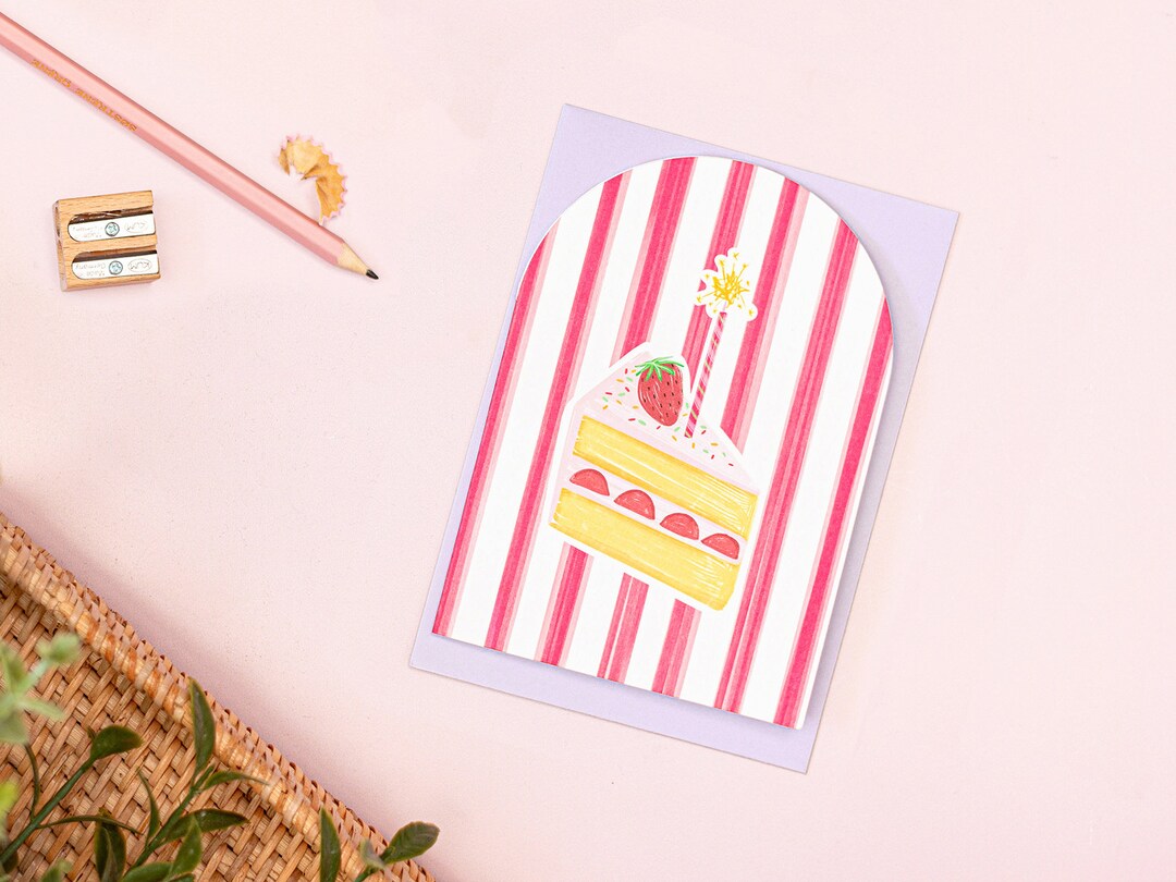 Strawberry Cake Birthday Card, Pink Fruit Cake Greeting Card, Girly ...