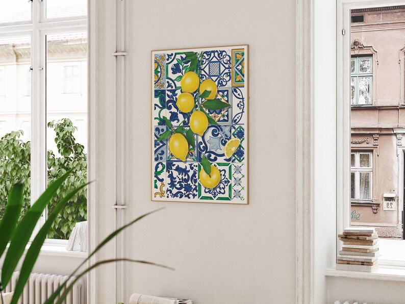 Lemons Poster, Lemon Art Print, Lemon Wall Art, Lemons and Tiles Art ...