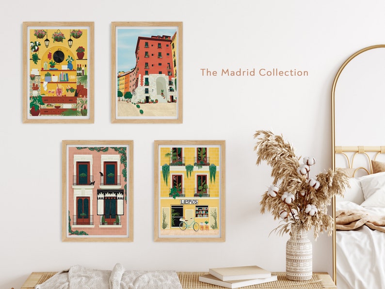 Madrid Poster, Spain Wall Art, Bookshop Art Print, Stacked Books Decor ...